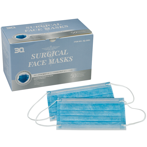 3Q ASTM Level 3 Surgical Ear-Loop Face Mask, BFE/PFE ≥ 98%, Blue, 50/Box